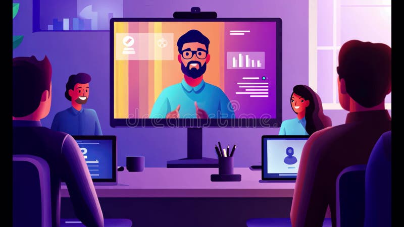 Group of People are Sitting Around a Table with a Computer Monitor in ...