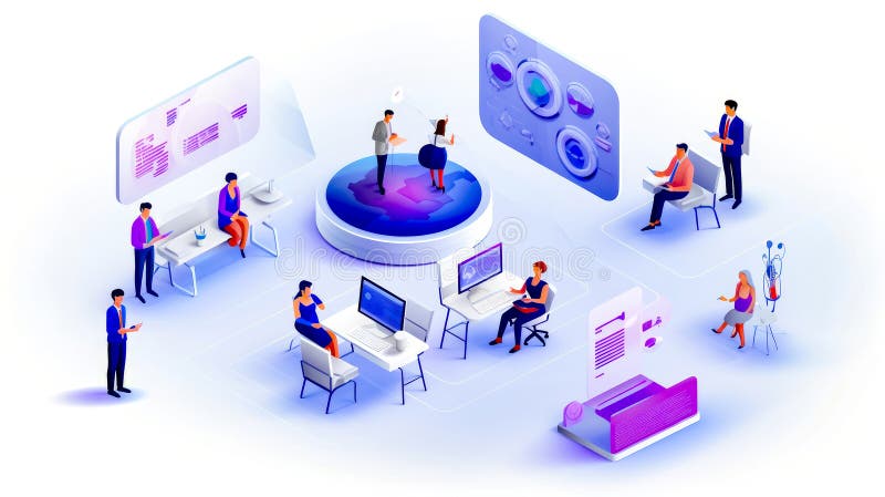 Group of People Sitting Around Table in Front of Computer Monitor ...