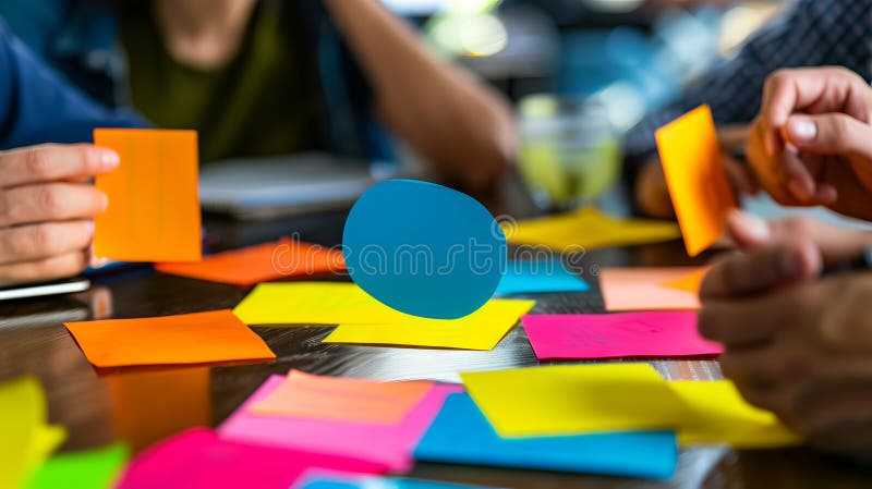 A Group of People Sitting Around a Table with Sticky Notes Stock ...