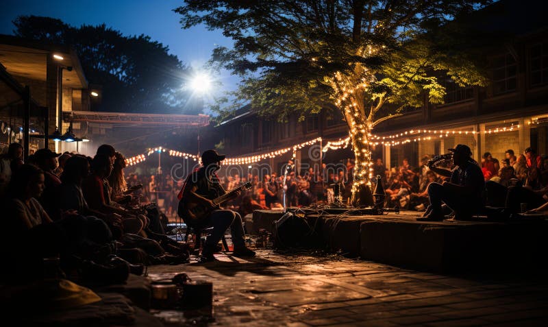 Group of People Sitting Around Tree at Night Stock Image - Image of ...