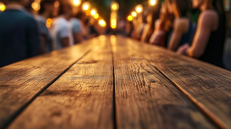 A Group of People Sitting Around a Wooden Table at Night Stock Photo ...
