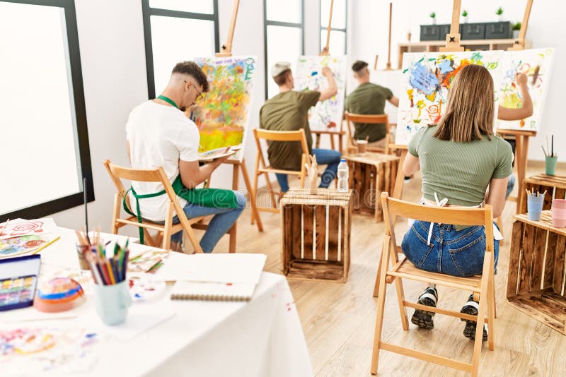 Group of People Sitting on Back View Drawing at Art Studio Stock Image ...