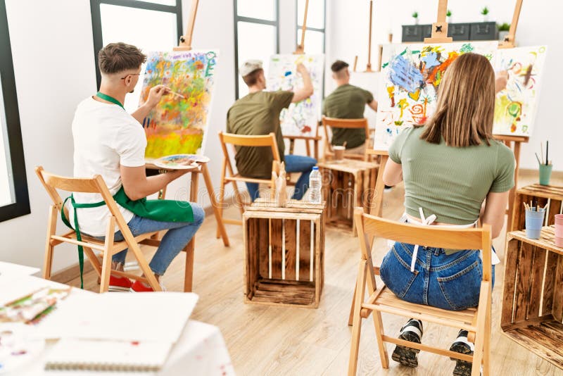 Group of People Sitting on Back View Drawing at Art Studio Stock Image ...