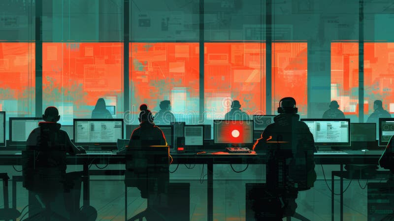 A Group of People Sitting at Computers in a Room with Windows, AI Stock ...