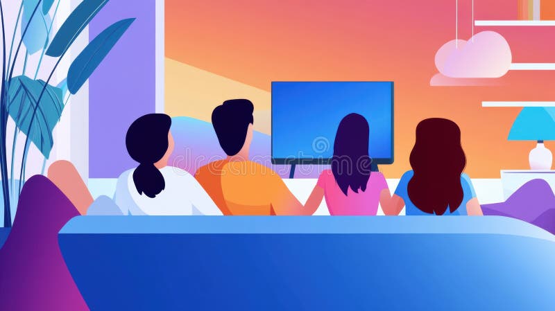 A Group of People Sitting on a Couch Watching Tv, AI Stock Illustration ...