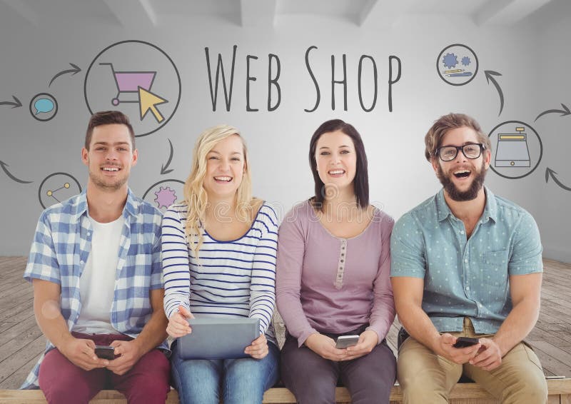 Group of People Sitting with Devices in Front of Web Shop Graphics ...