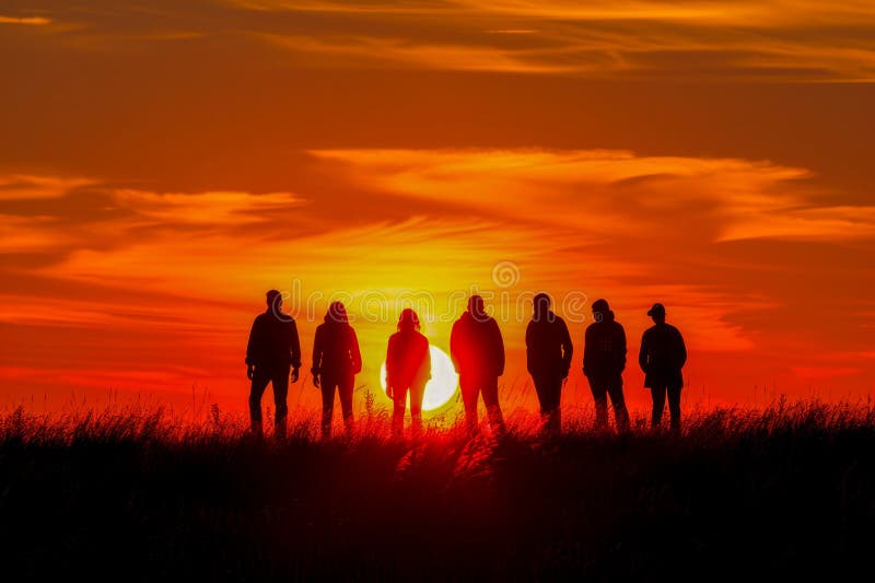 A Group of People are Sitting in a Field at Sunset Stock Photo - Image ...