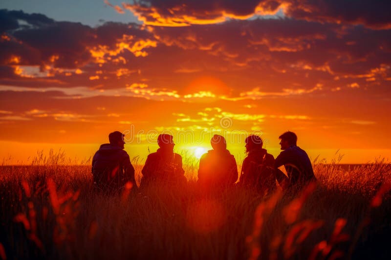 A Group of People are Sitting in a Field at Sunset Stock Image - Image ...