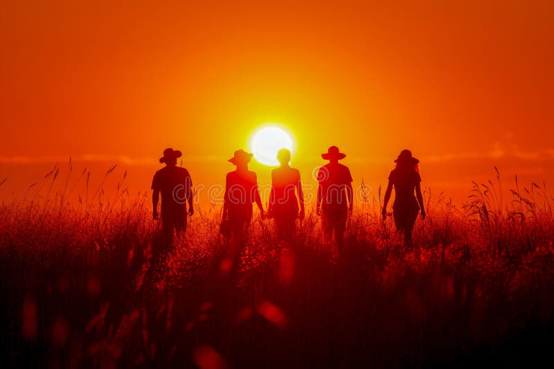 A Group of People are Sitting in a Field at Sunset Stock Image - Image ...