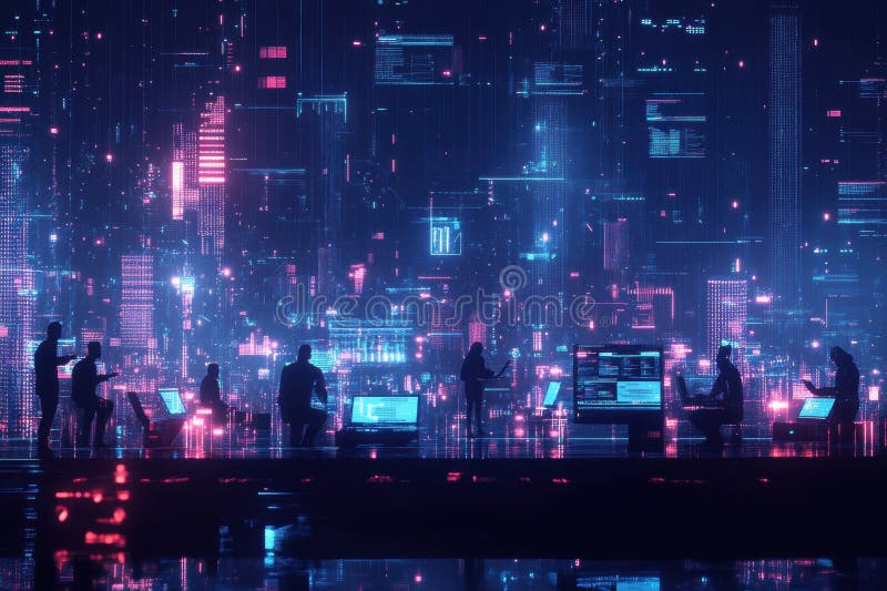 A Group of People are Sitting in Front of Computer Monitors in a City ...