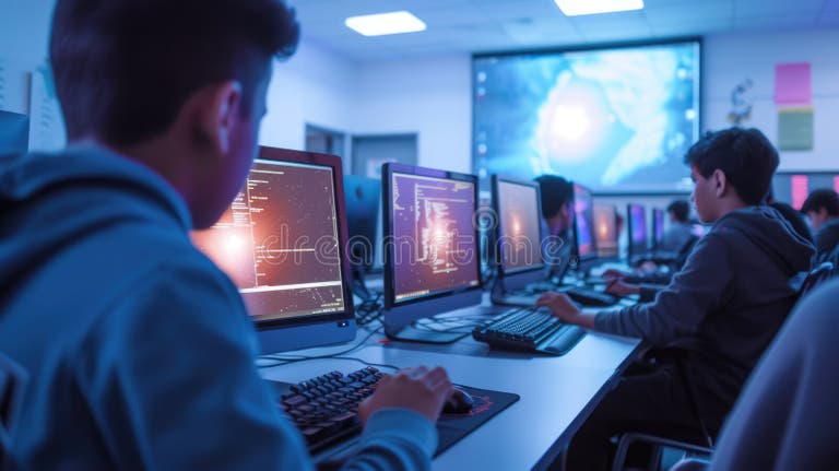 A Group of People are Sitting in Front of Computer Monitors in a ...