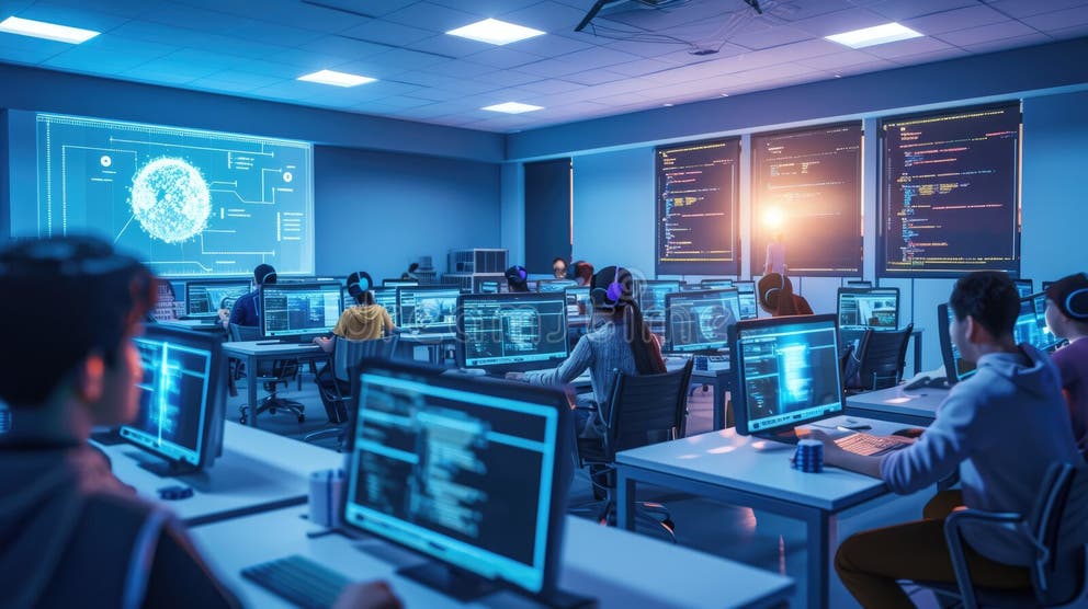 A Group of People are Sitting in Front of Computer Monitors in a ...