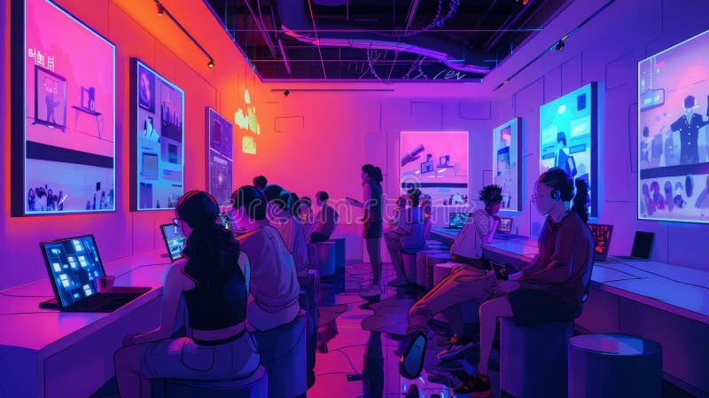 Group of People Sitting in Room with Neon Lights Stock Image - Image of ...