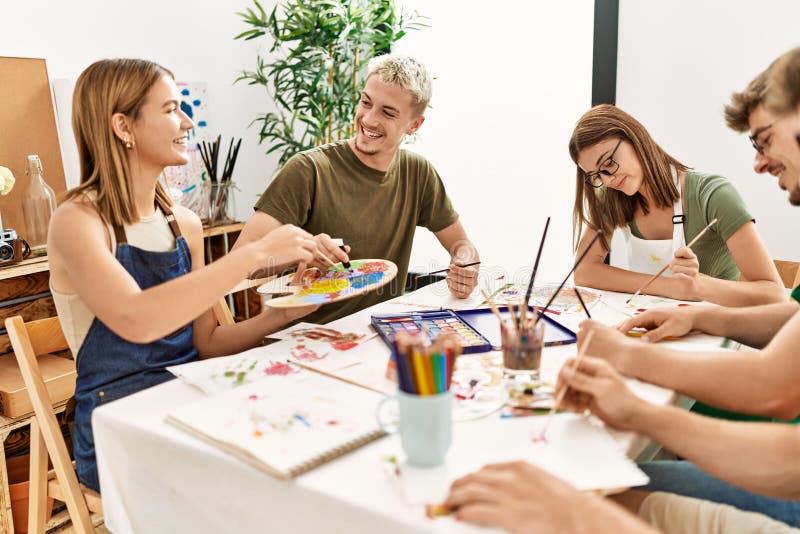 Group of People Sitting on the Table Drawing at Art Studio Stock Image ...