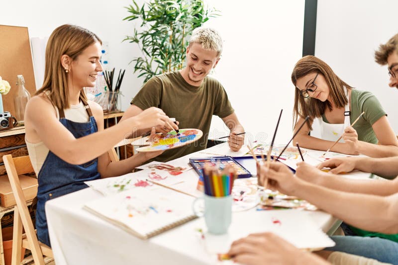 Group of People Sitting on the Table Drawing at Art Studio Stock Photo ...