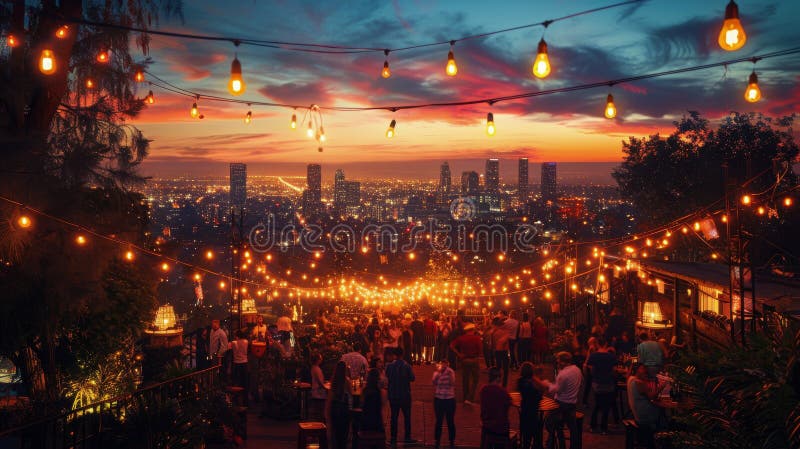 Group of People Sitting at Table on Rooftop Stock Image - Image of view ...