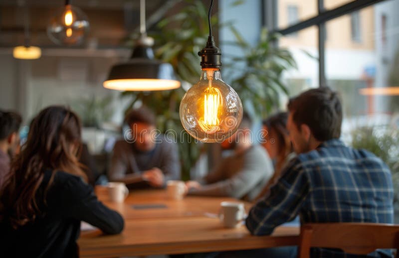 Group of People Sitting at Table Under Hanging Light Bulb Stock ...