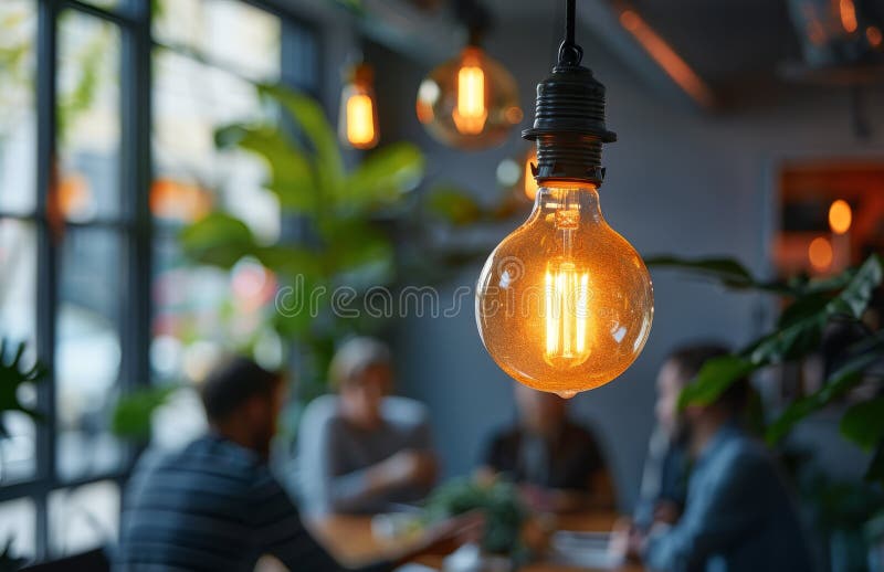Group of People Sitting at Table Under Hanging Light Bulb Stock ...