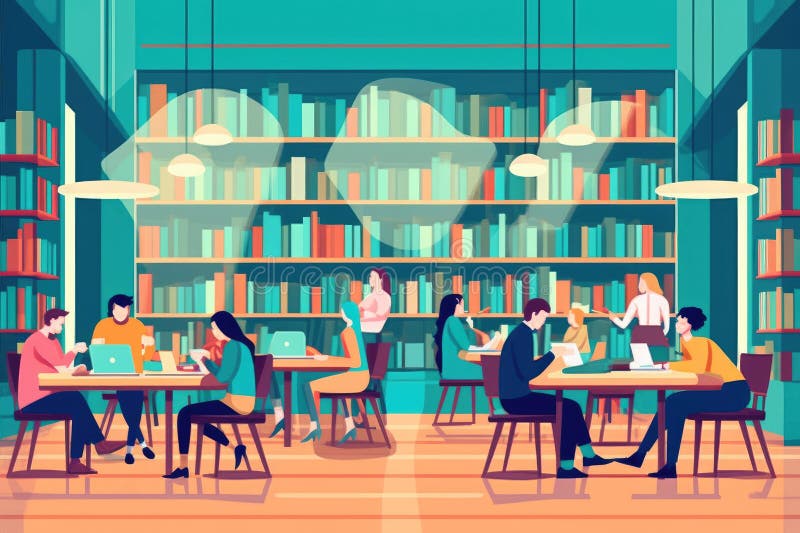 Group of People Working in Library AI Stock Illustration - Illustration ...