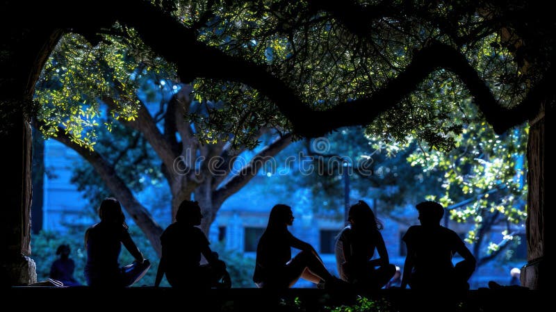 A Group of People are Sitting Under a Tree at Night Stock Illustration ...