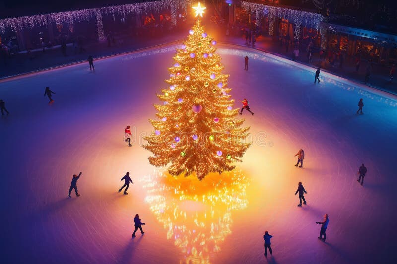 A Group of People are Skating on a Rink with a Christmas Tree in the ...
