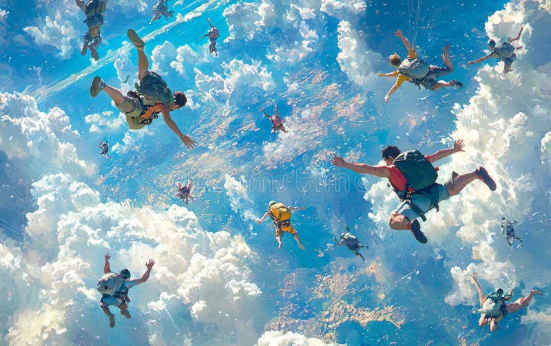 A Group of People Skydiving through a Blue Sky with White Clouds ...