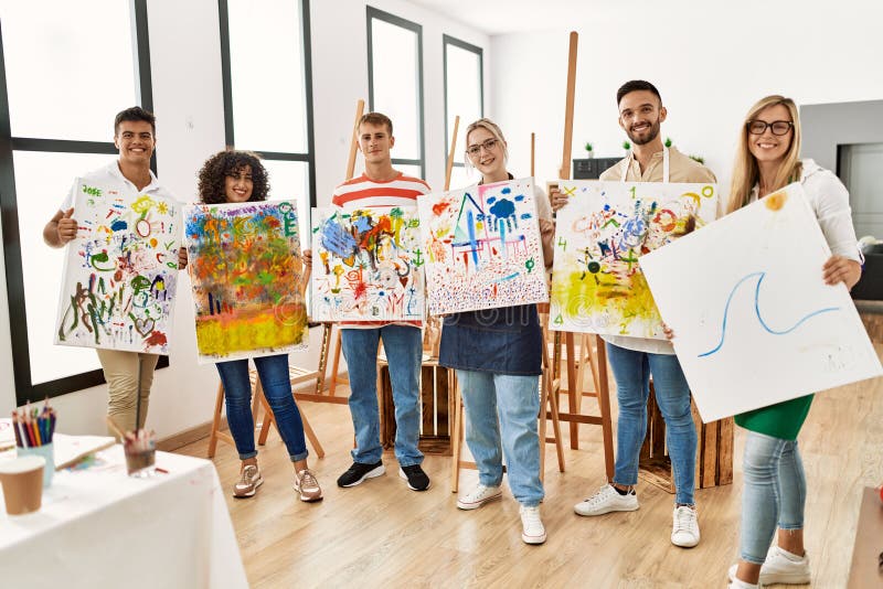 Group of People Smiling Happy Canvas with Draw Standing at Art Studio ...