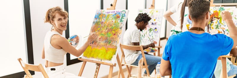 Group of People Smiling Happy Drawing at Art Studio Stock Photo - Image ...