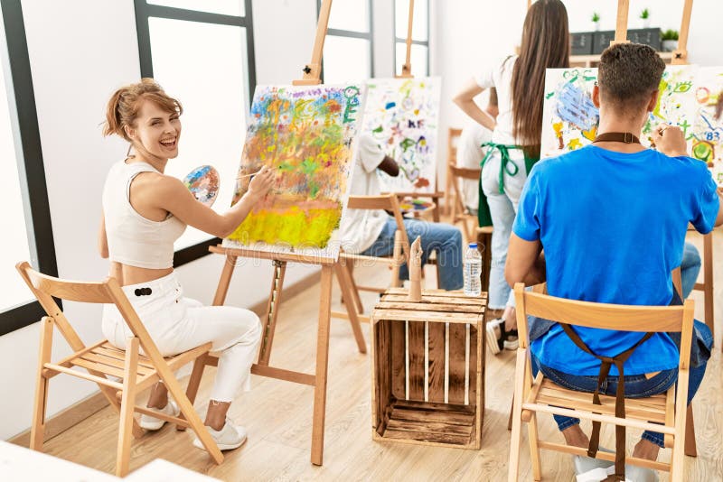Group of People Smiling Happy Drawing at Art Studio Stock Image - Image ...