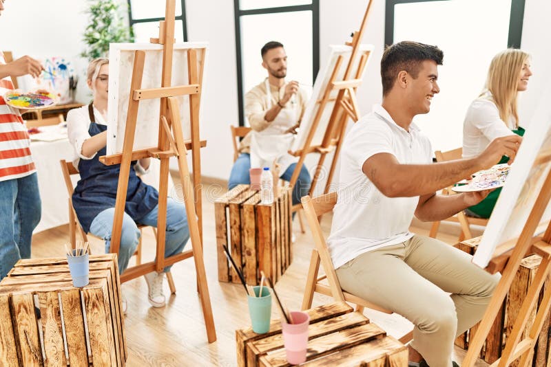 Group of People Smiling Happy Drawing at Art Studio Stock Image - Image ...