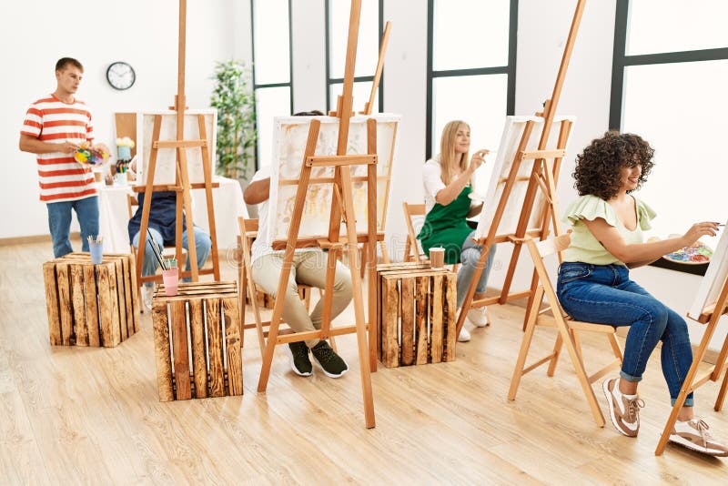 Group of People Smiling Happy Drawing at Art Studio Stock Image - Image ...