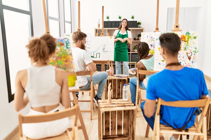 Group of People Smiling Happy Drawing in Paint Class at Art Studio ...