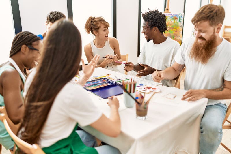 Group of People Smiling Happy Drawing Sitting on the Table at Art ...