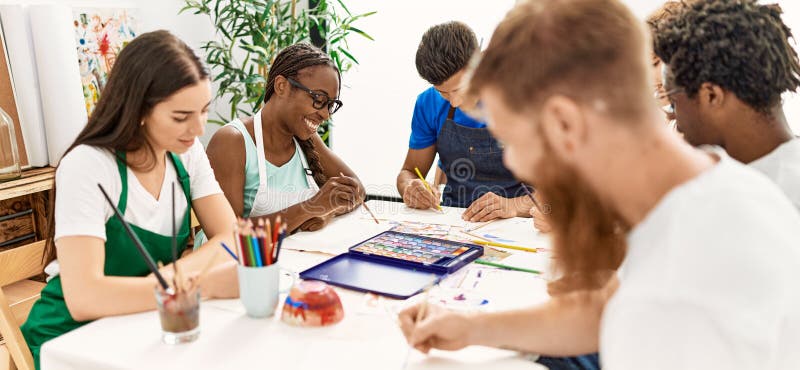 Group of People Smiling Happy Drawing Sitting on the Table at Art ...