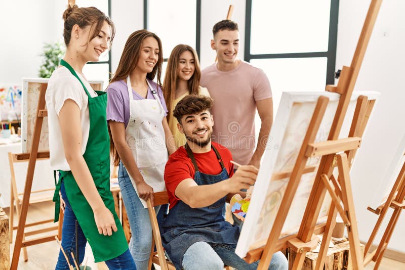 Group of People Smiling Happy and Looking Draw of Partner at Art Studio ...