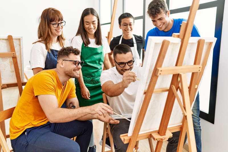 Group of People Smiling Happy and Looking Draw of Partner at Art Studio ...