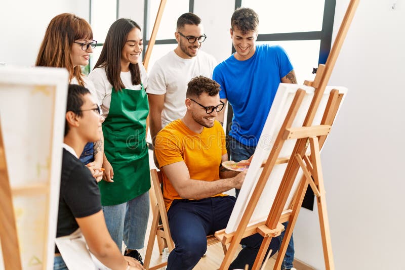 Group of People Smiling Happy and Looking Draw of Partner at Art Studio ...