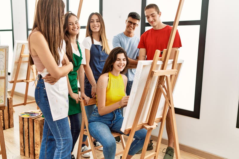 Group of People Smiling Happy and Looking Draw of Partner at Art Studio ...