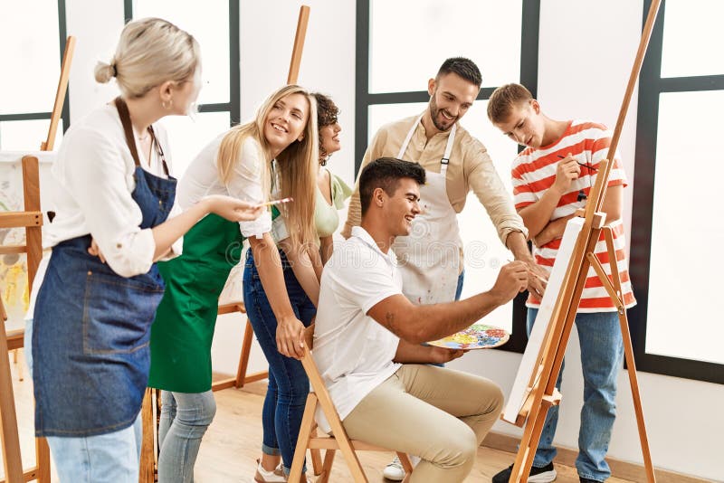 Group of People Smiling Happy and Looking Draw of Partner at Art Studio ...