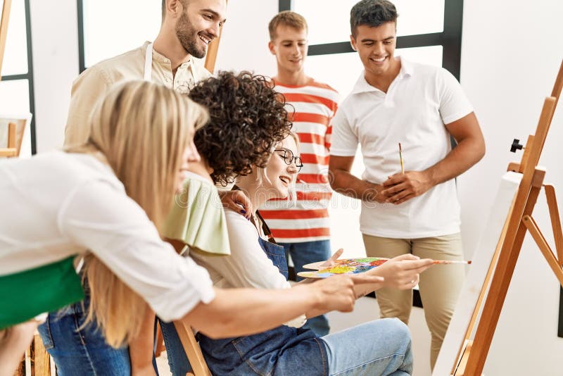 Group of People Smiling Happy and Looking Draw of Partner at Art Studio ...
