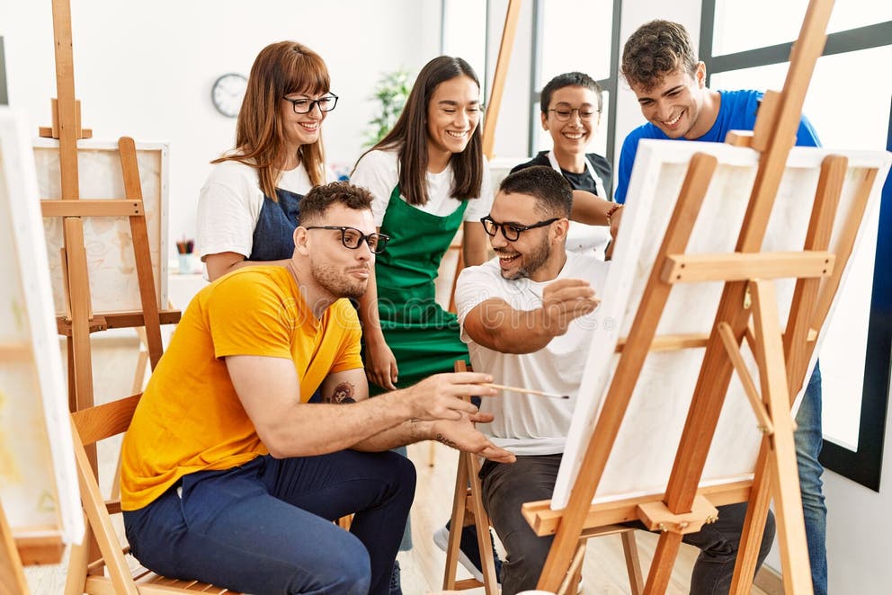 Group of People Smiling Happy and Looking Draw of Partner at Art Studio ...