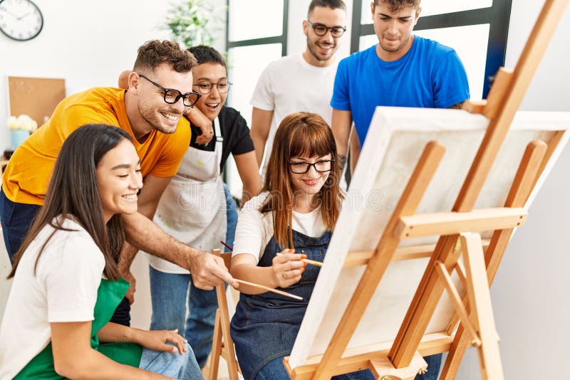 Group of People Smiling Happy and Looking Draw of Partner at Art Studio ...
