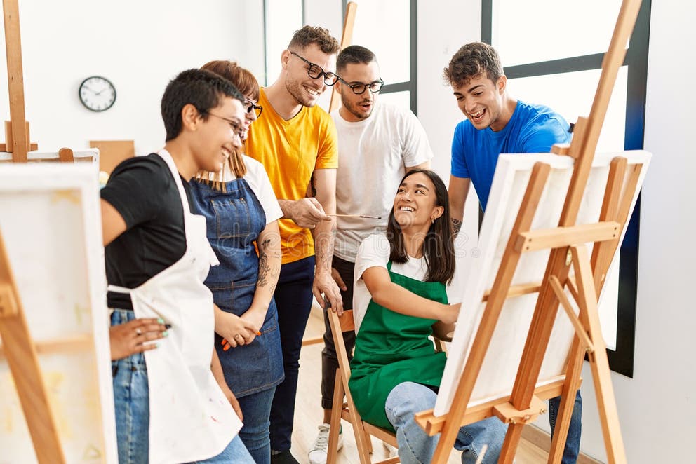 Group of People Smiling Happy and Looking Draw of Partner at Art Studio ...
