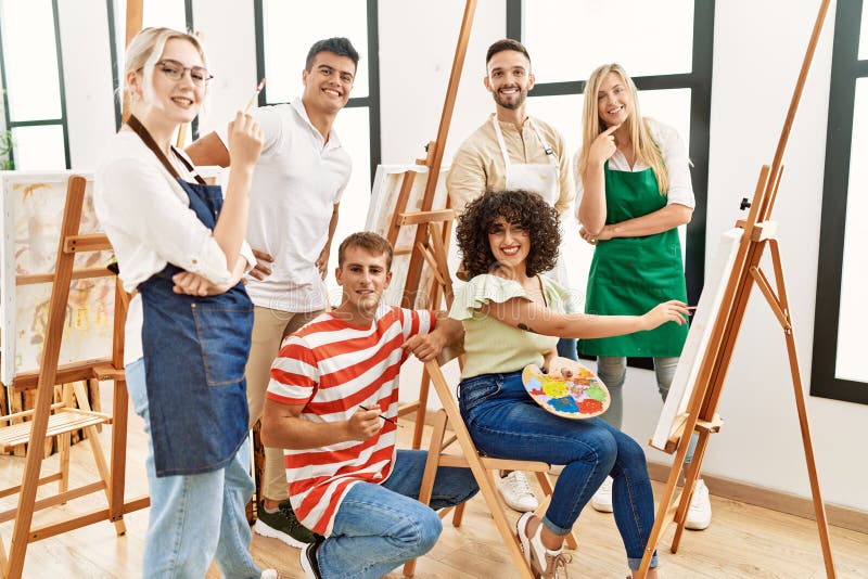 Group of People Smiling Happy and Looking Draw of Partner at Art Studio ...