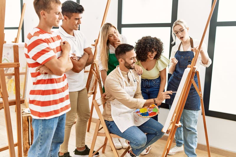 Group of People Smiling Happy and Looking Draw of Partner at Art Studio ...