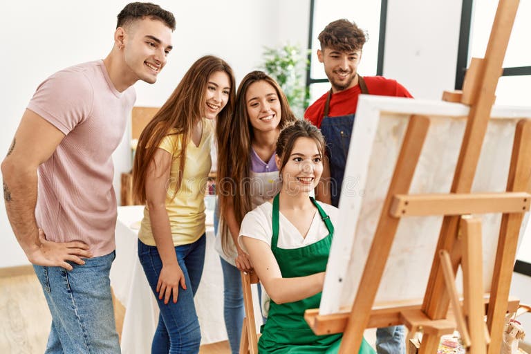 Group of People Smiling Happy and Looking Draw of Partner at Art Studio ...