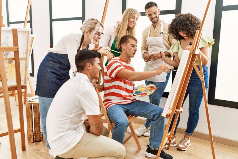 Group of People Smiling Happy and Looking Draw of Partner at Art Studio ...