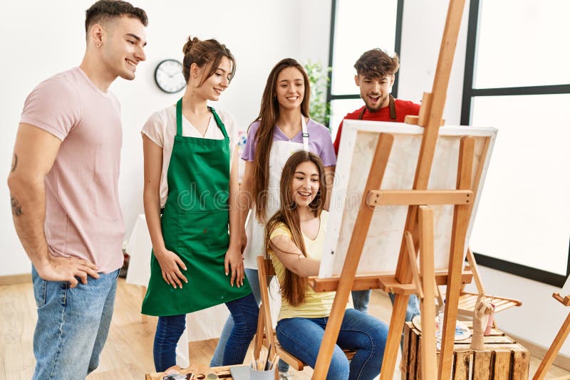 Group of People Smiling Happy and Looking Draw of Partner at Art Studio ...