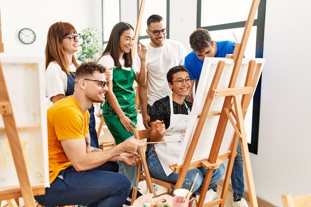 Group of People Smiling Happy and Looking Draw of Partner at Art Studio ...