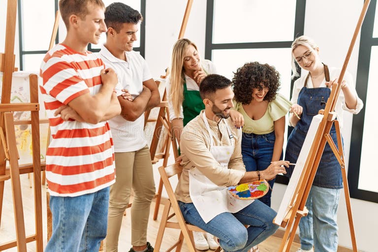 Group of People Smiling Happy and Looking Draw of Partner at Art Studio ...